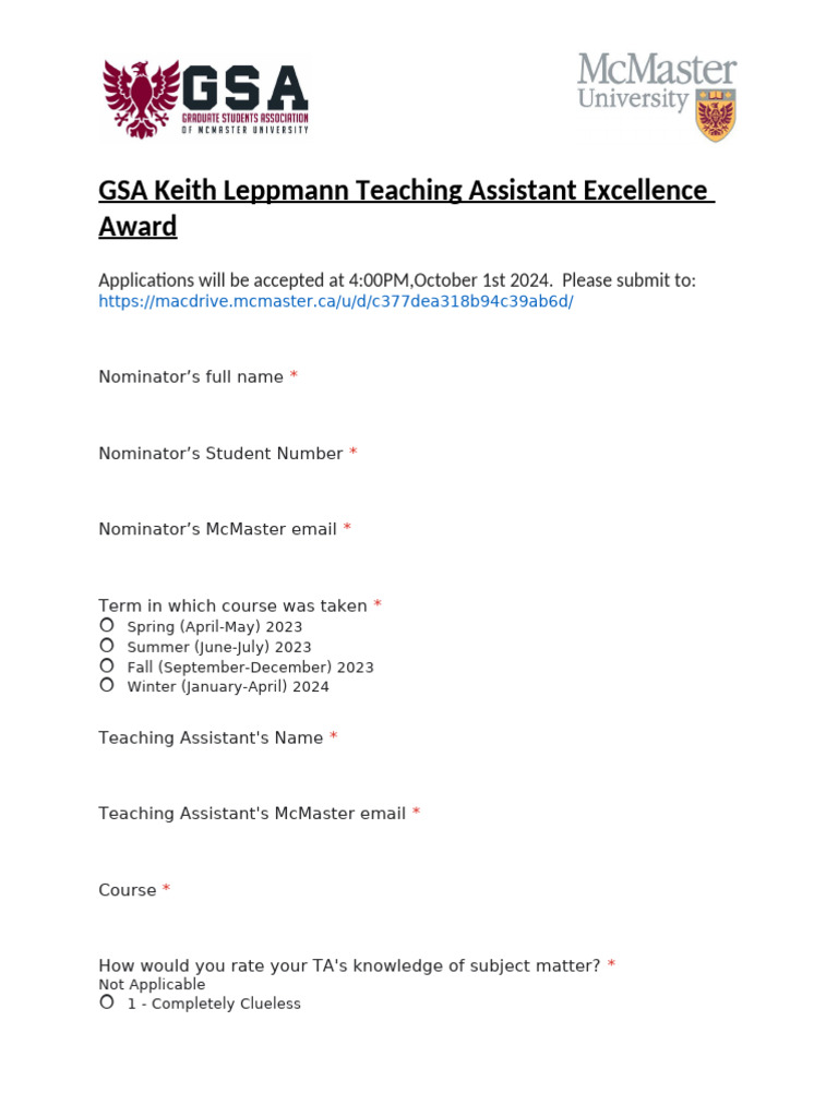 GSA Keith Leppmann Teaching Assistant Excellence Award 2024 | PDF