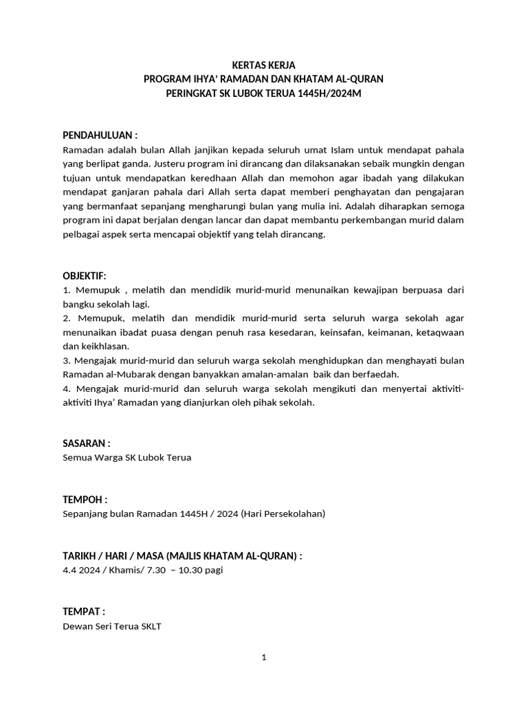 Kertas Kerja Ihya' Ramadhan Dan Khatam Quran 2024 | PDF