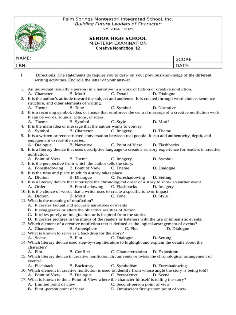 Senior High Creative Nonfiction Exam | PDF | Narration | Narrative