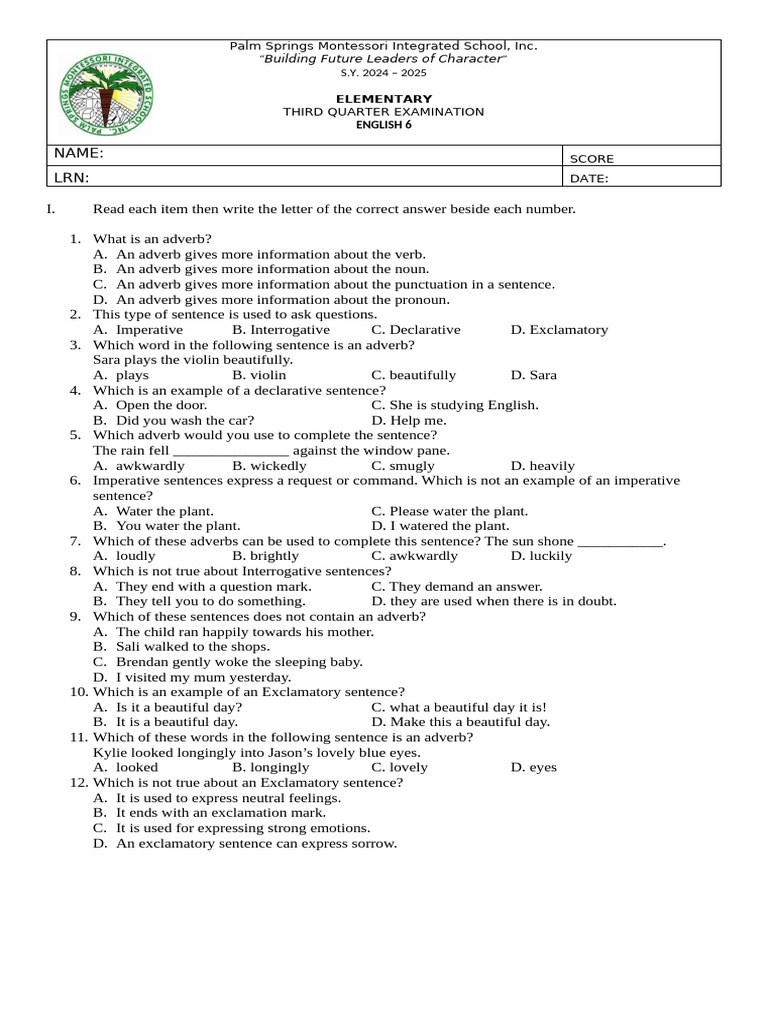 English6 Third Quarter Exam | PDF | Adverb | Sentence (Linguistics)