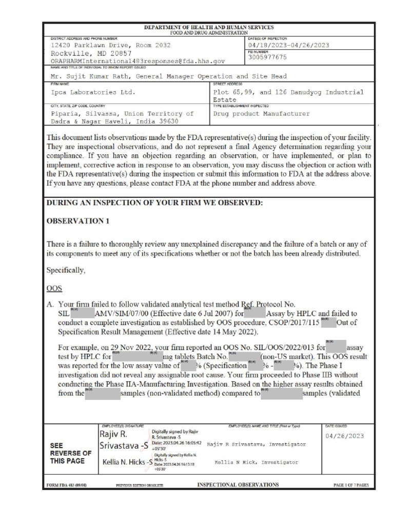 Silvassa, India 04-18 Through 26-23-483 | PDF | Food And Drug Administration