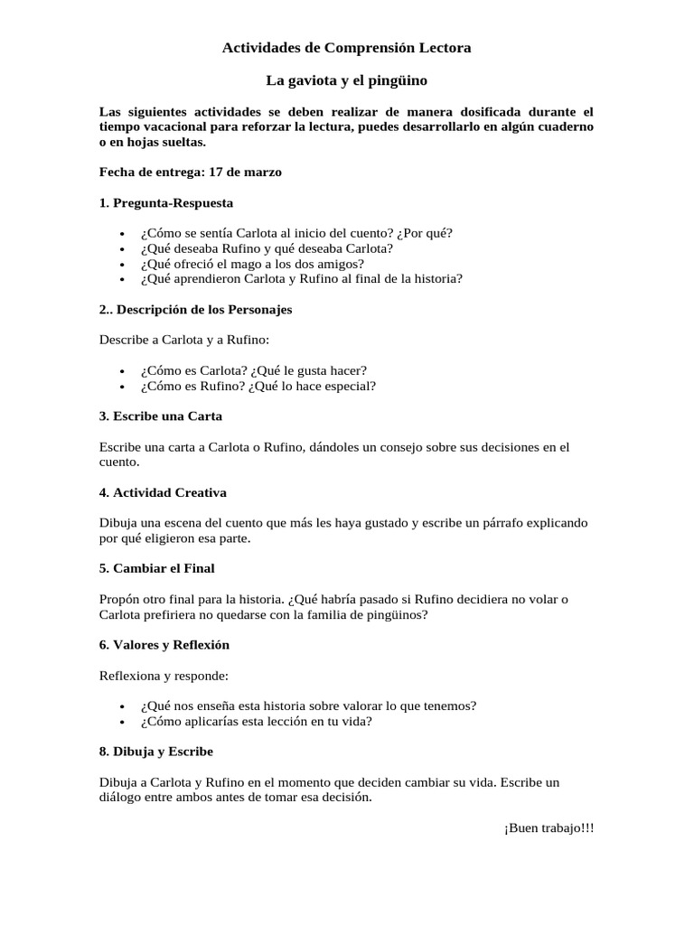 Actividades de Comprensión Lectora: Gaviota y Pingüino | PDF