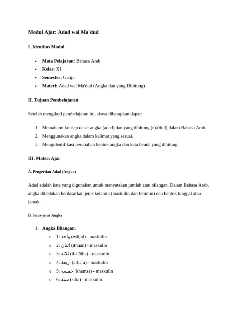 Belajar Adad wal Ma'dud Kelas XI | PDF