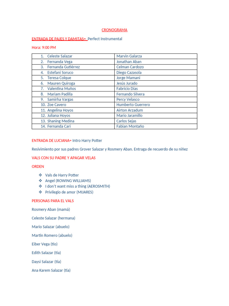 Cronograma de Fiesta de Luciana | PDF