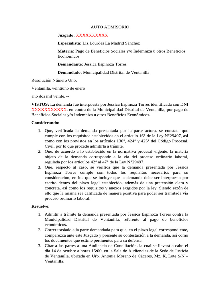 Auto Admisorio | PDF | Demanda judicial | Ley procesal