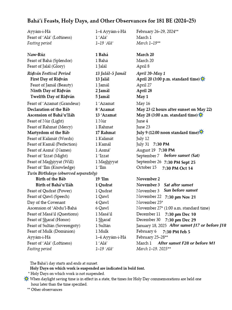 BE 181 Feasts and Holy Days | PDF | Bahá'í Faith | Religious Holidays