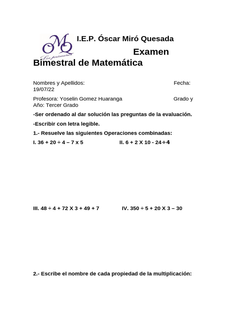 Examen Del Segundo Bimestre Mate Pdf