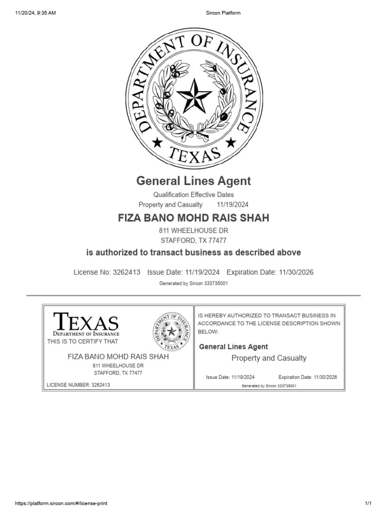 Sircon License Certification for Fiza Bano | PDF