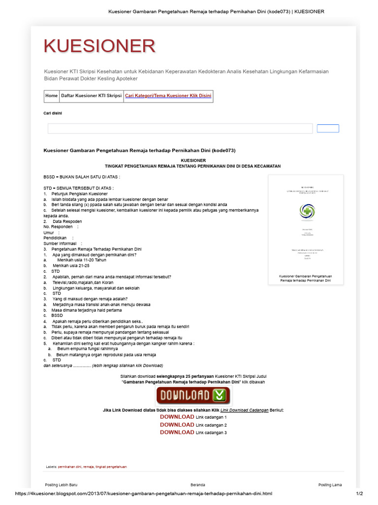 Kuesioner Gambaran Pengetahuan Remaja Terhadap Pernikahan Dini (Kode073 ...