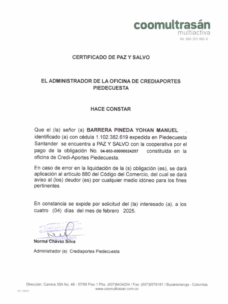 Paz y Salvo CC 1102382619 Barrera Pineda Yohan Manuel | PDF