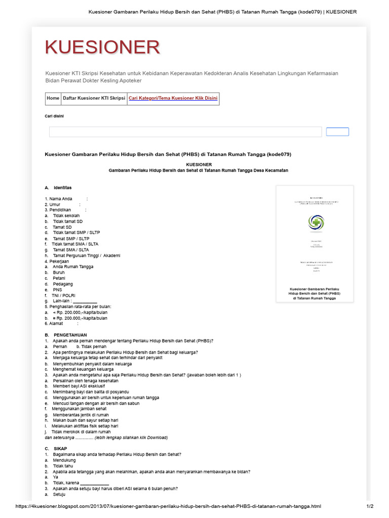 Kuesioner Gambaran Perilaku Hidup Bersih Dan Sehat (PHBS) Di Tatanan Rumah Tangga (Kode079 ...