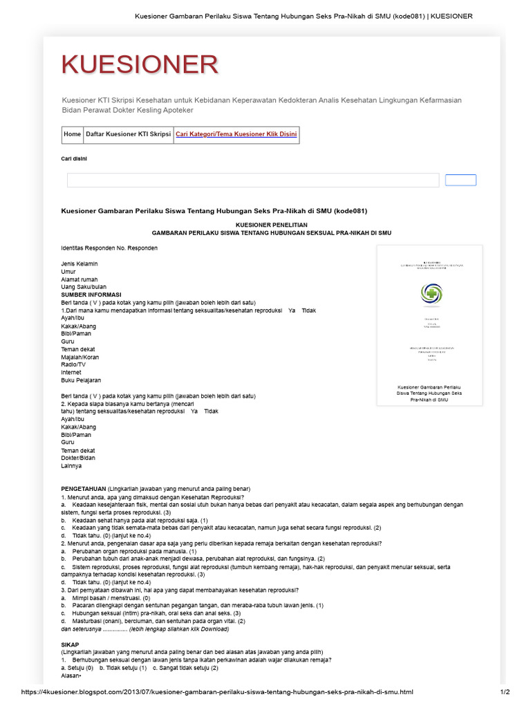 Kuesioner Gambaran Perilaku Siswa Tentang Hubungan Seks Pra-Nikah Di SMU (Kode081) - KUESIONER | PDF