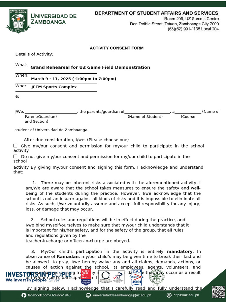 Activity Consent Form For UZ Games Field Demonstration | PDF | Consent