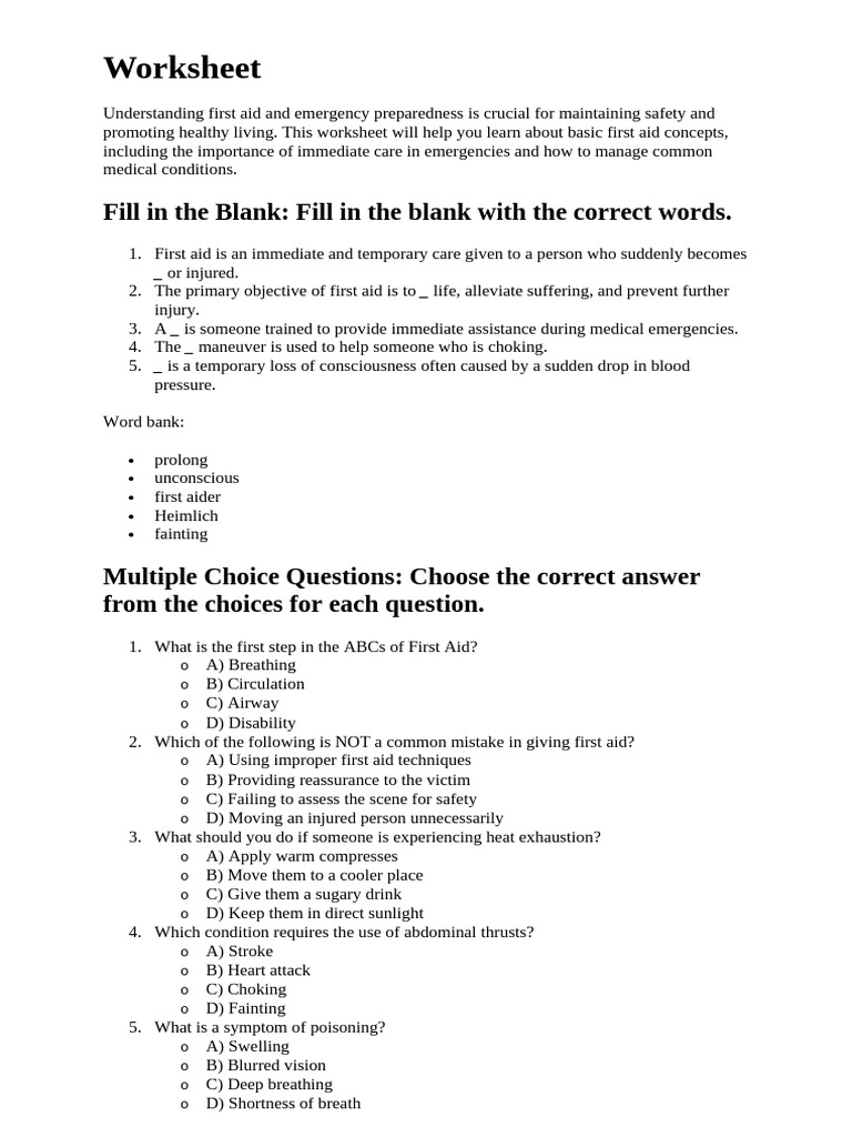 P.E AND HEALTH 1ST QUIZ First Aid and Emergency Preparedness Worksheet ...