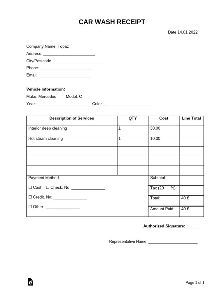 Car Wash Receipt Template | PDF