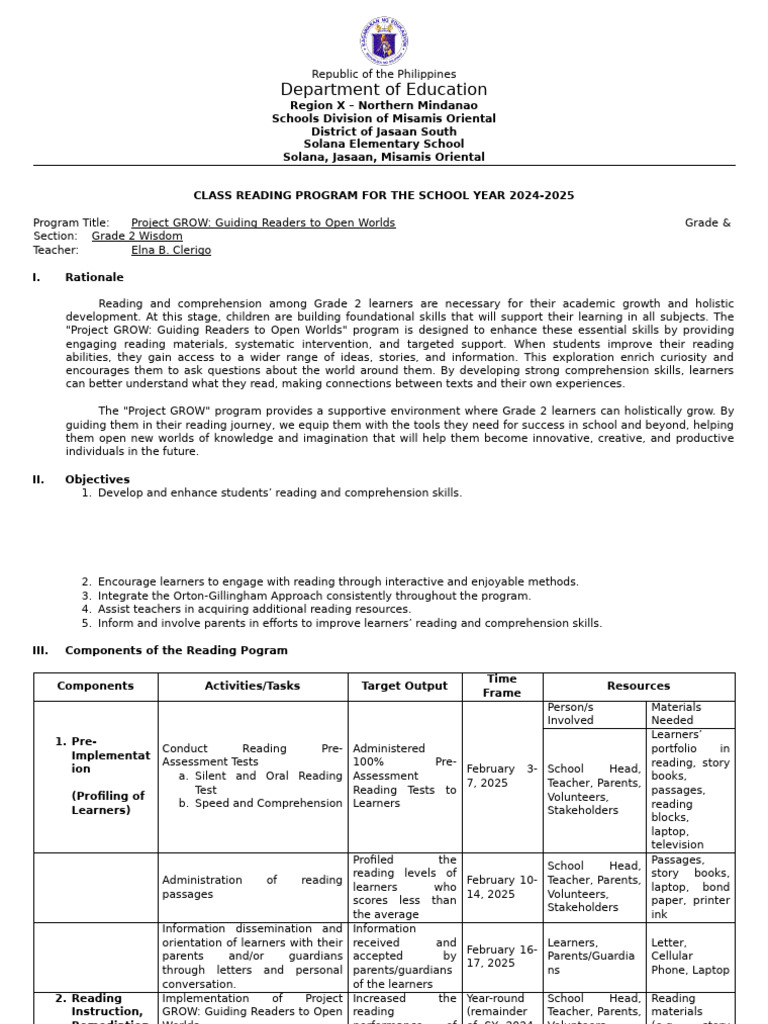 Class Reading Program For The School Year 2024-2025 | PDF | Reading ...