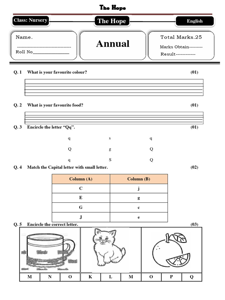 Nursery Class Exam Question Paper | PDF