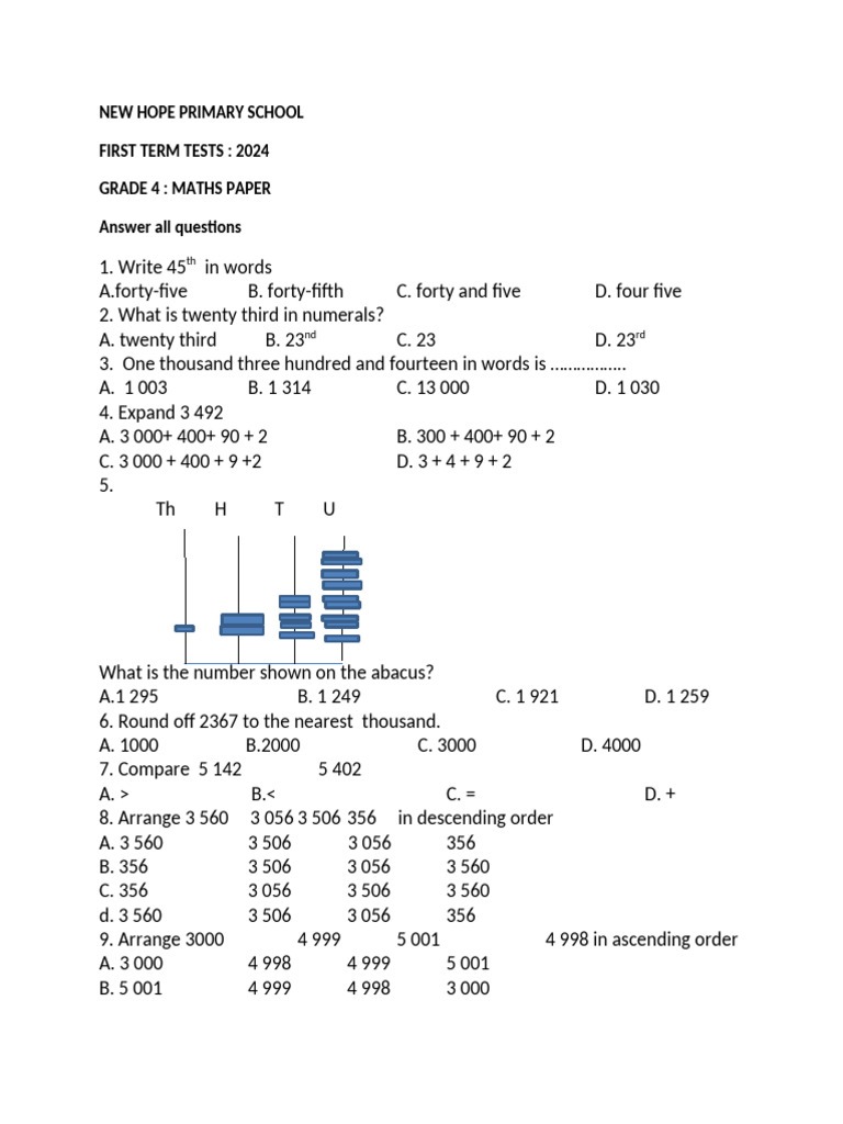 New Hope Primary School Grade 4 Maths Paper | PDF | Mathematics
