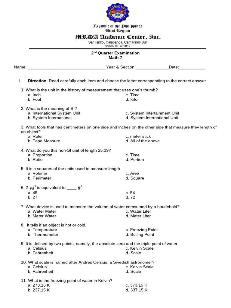 2nd Grading Exam in Math 77 | PDF | Fahrenheit | Temperature