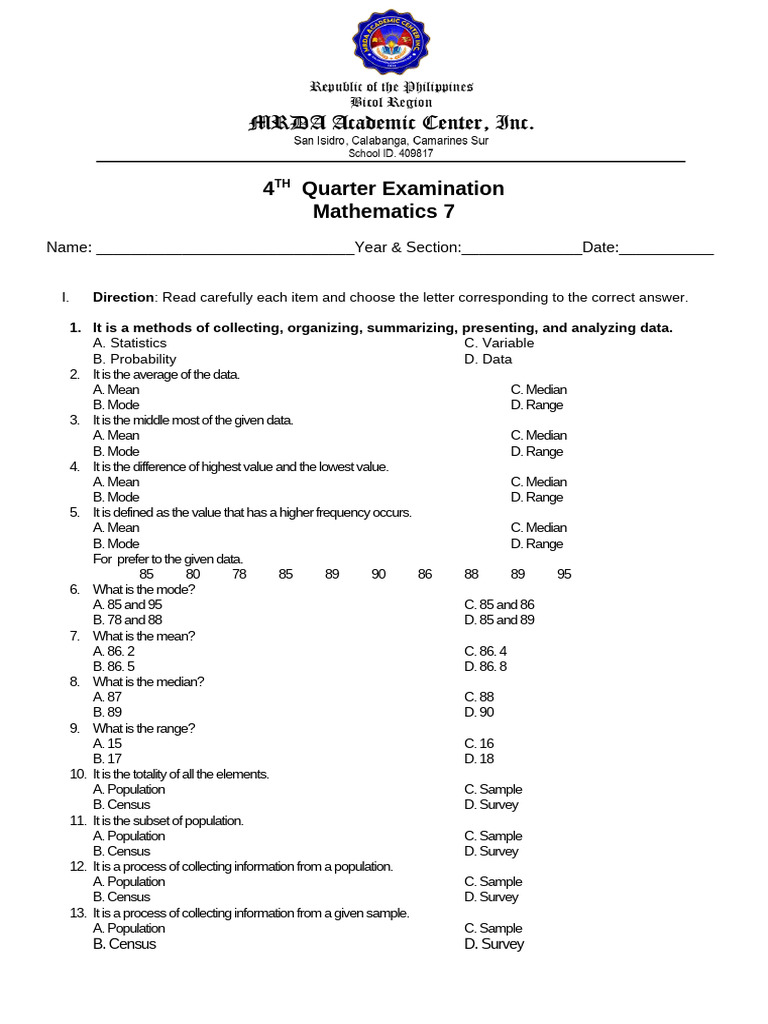 4th Grading Exam in Math 7 | PDF | Mean | Mode (Statistics)