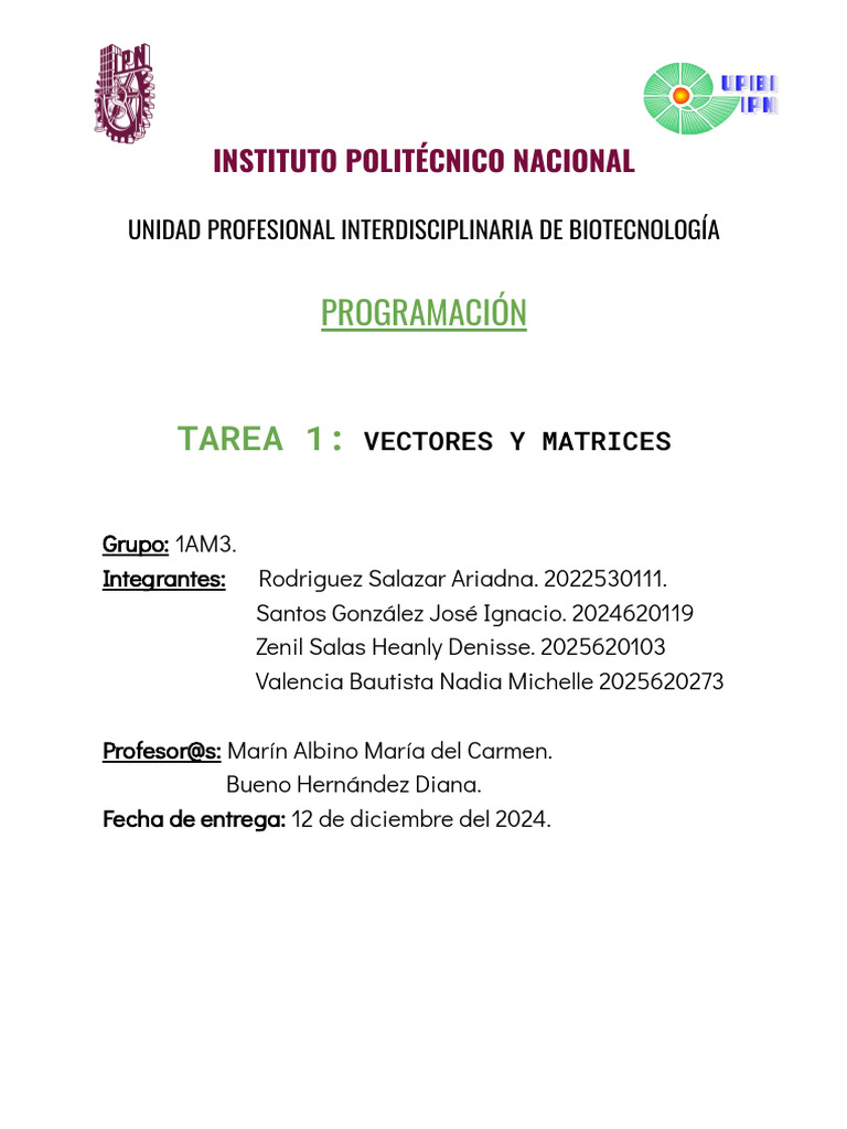 Tarea - 1 - PROGRAMACIÓN - VECTORES Y MATRICES - 1AM3 | PDF | Matriz (Matemáticas) | Espacio ...
