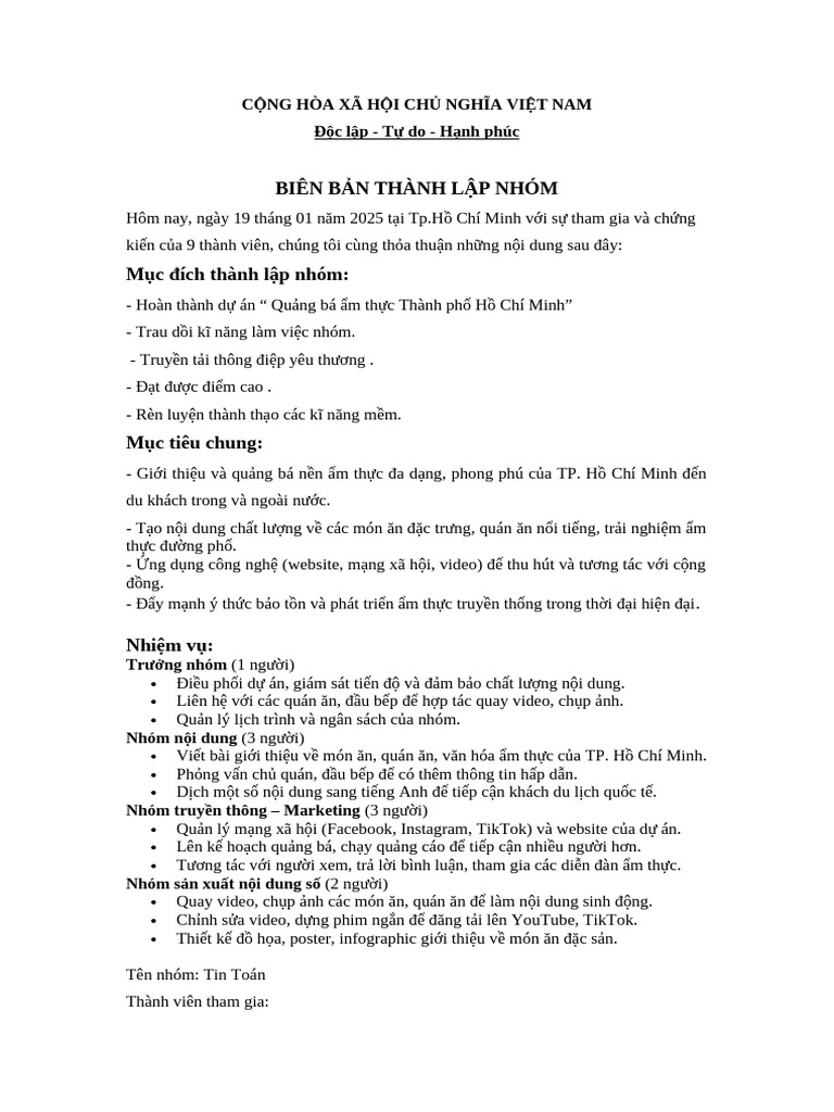 Biên bảng thành lập nhóm 7 (KNLVN) | PDF