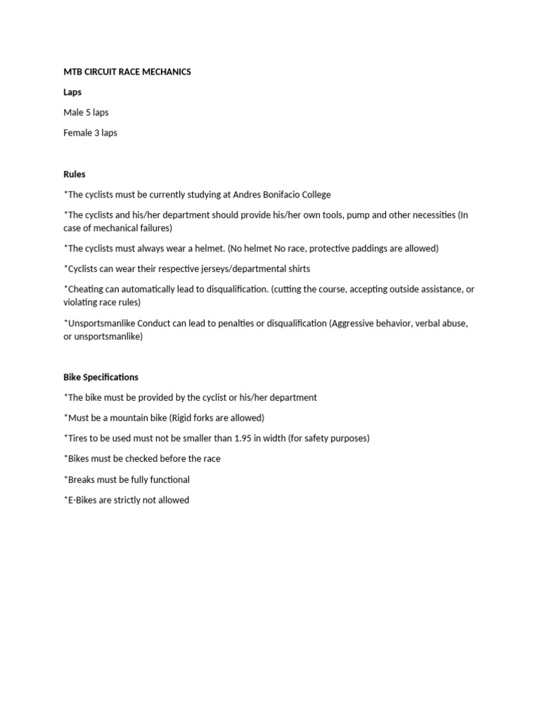 ABC MTB Circuit Race Mechanics | PDF