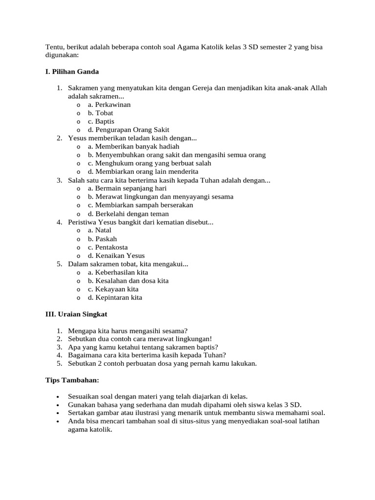 Soal Agama Katolik Kelas 3 SD Semester 2 | PDF