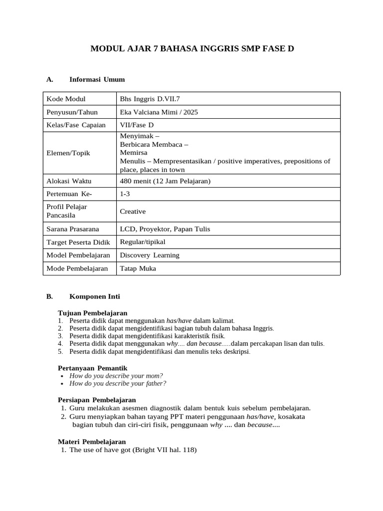 Mrs. EKA Modul Ajar Kelas 7 Materi Have-Has | PDF