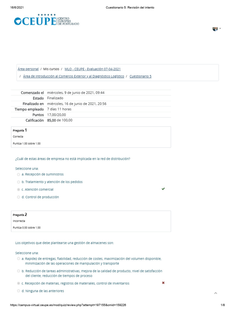 Cuestionario 5 Revisi N Del Intento PDF | PDF | Logística | Industrias de servicio