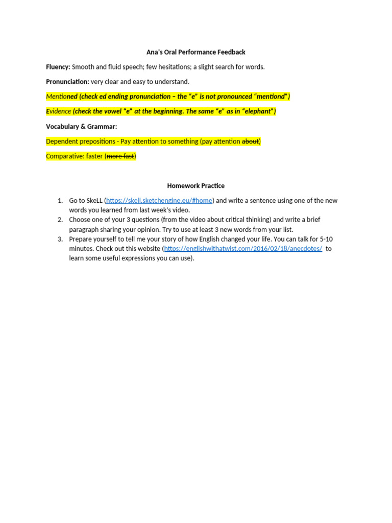 Week #2 Ana's feedback + homework practice | PDF