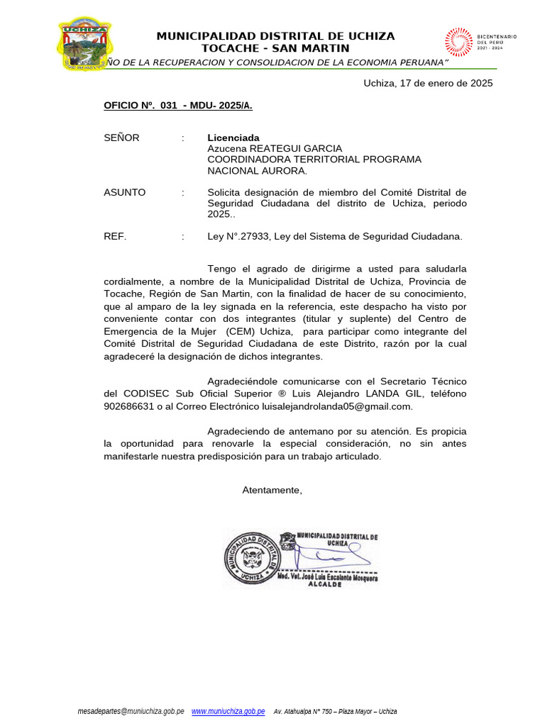 Oficio Nº. 031 - 2025 Solicita Designacion de Miembro Del Codisec Al Cem | PDF