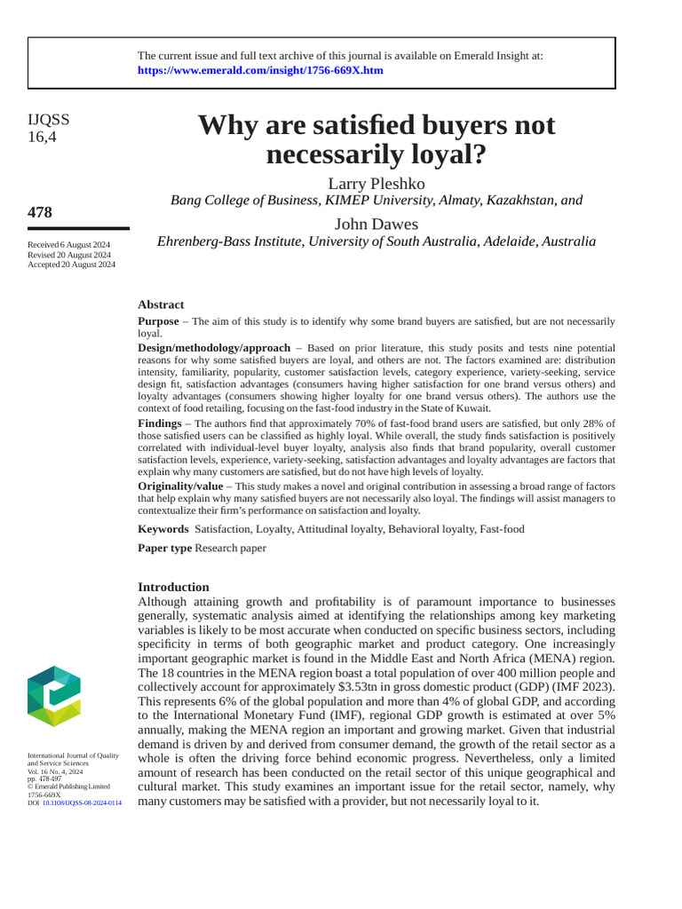 Why Are Satisfied Buyers Not Necessarily Loyal - PLESHKO 2024 | PDF ...