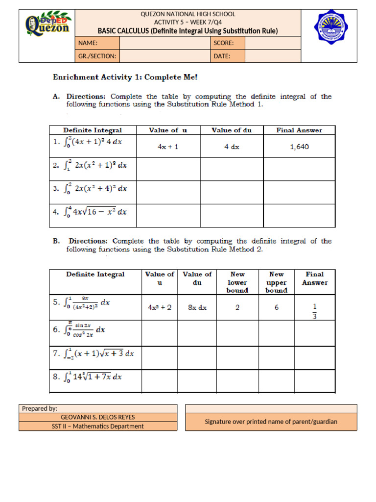 Activity 5 - WK 7 - Definite Integral by Substitution Rule | PDF