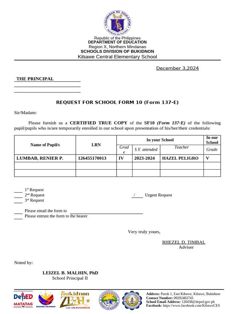 Request for Student Form 137-E | PDF
