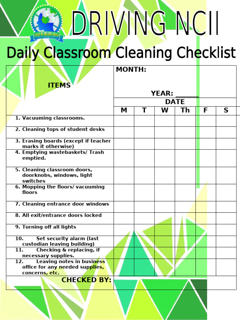 Daily Classroom Cleaning Checklist - Driving | PDF
