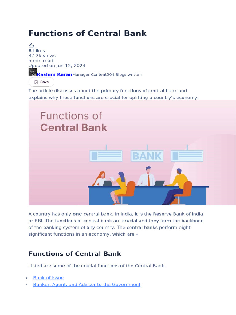 Functions of Central Banks Explained | PDF | Banks | Central Banks
