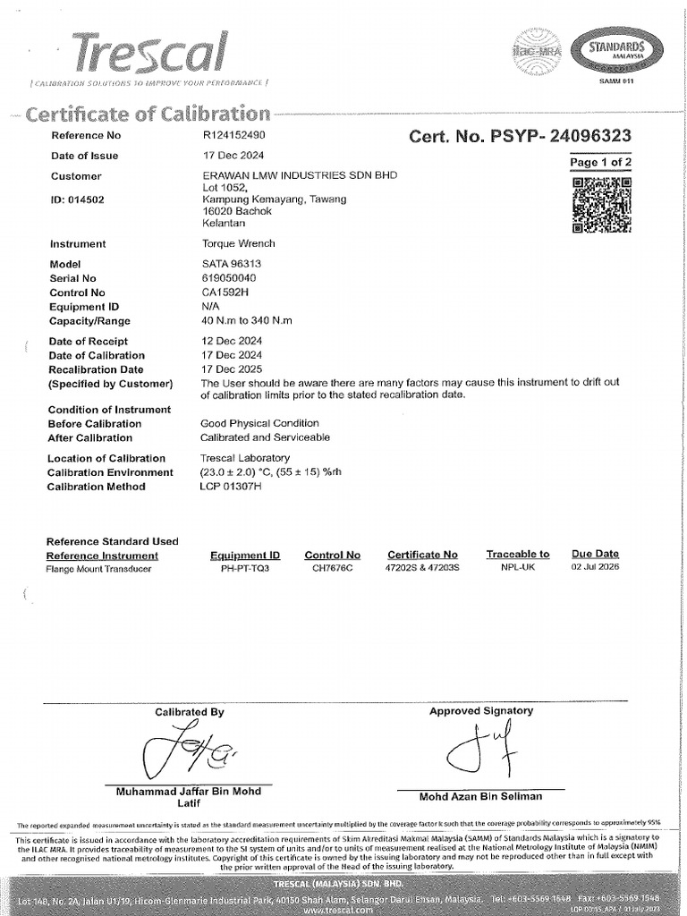 Calibration Cert Erawan | PDF