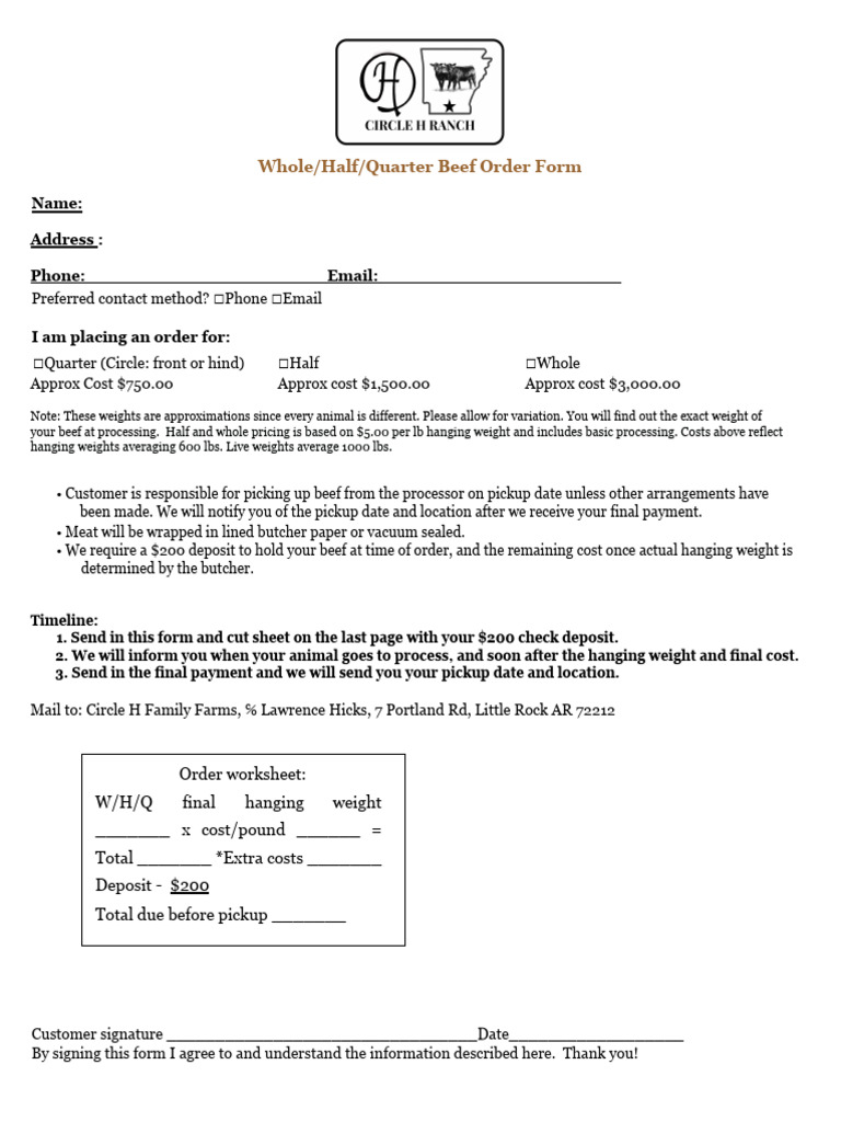Circle H Custom Beef Order Form-2 | PDF | Chuck Steak | Beef