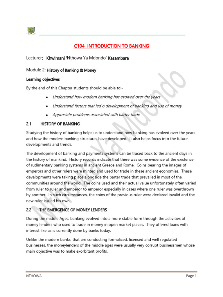 Intro To Banking Chapter 2 | PDF | Money | Banks