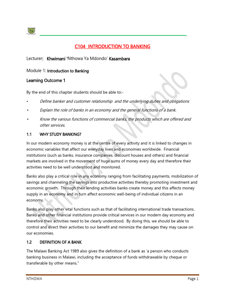 Intro To Banking Chapter 1 | PDF | Banks | Cheque