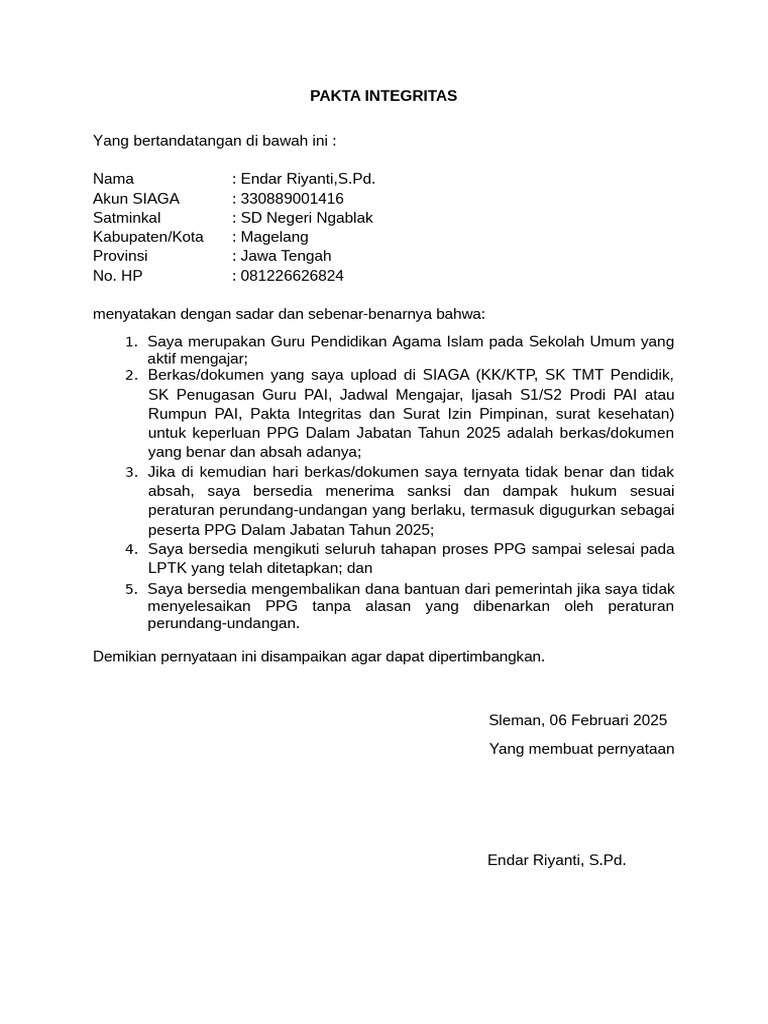 Pakta Integritas PPG 2025 | PDF