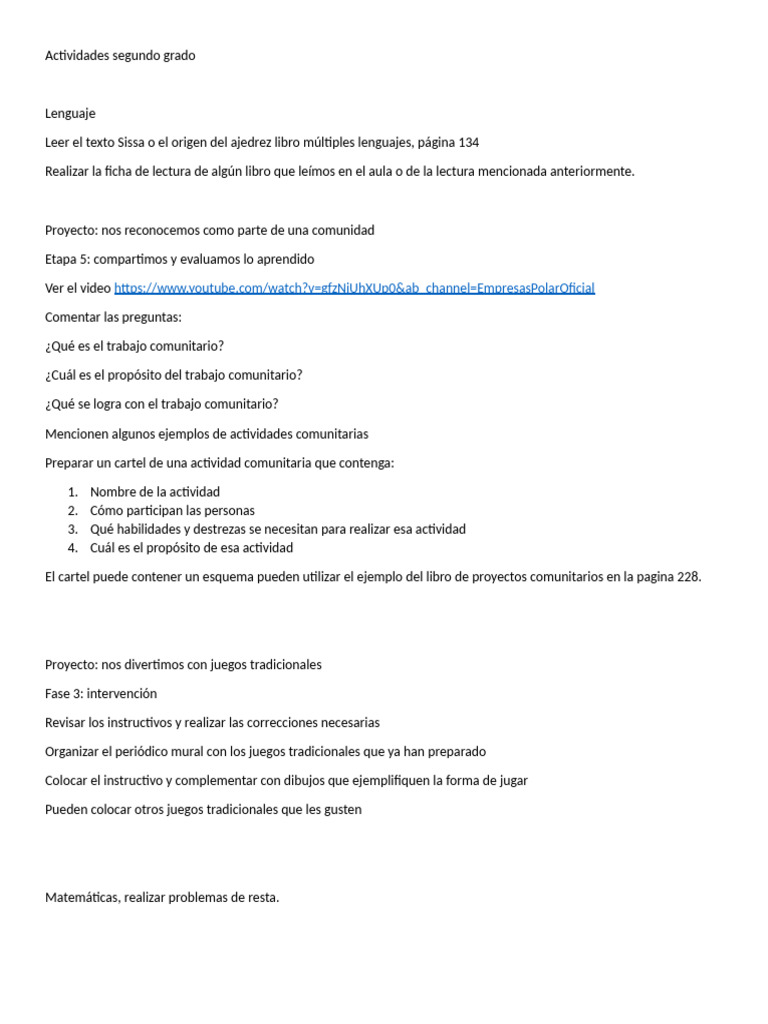 Actividades Educativas Segundo Grado | PDF