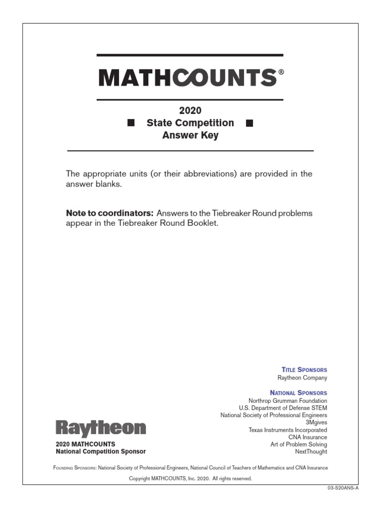2020 State Competition Answer Key | PDF | Mathematics