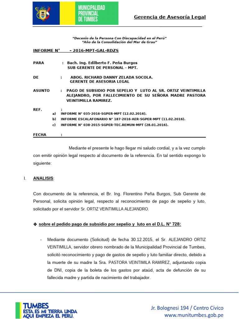 Informe Pago de Subsidio Por Sepelio y Luto Ortiz Veintimilla Alejandro ...