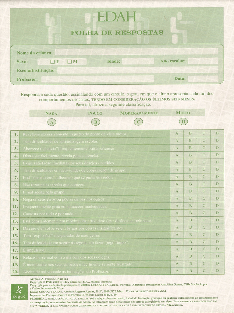 EDAH - Folha de Respostas + Cotação | PDF