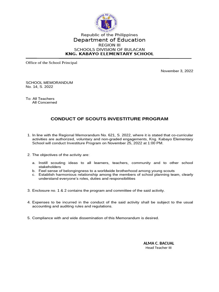 School Memorandum Investiture - 030126 | PDF