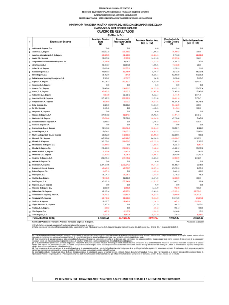 Nov Cuadro de Resultados 2024 | PDF | Seguro | Reaseguro