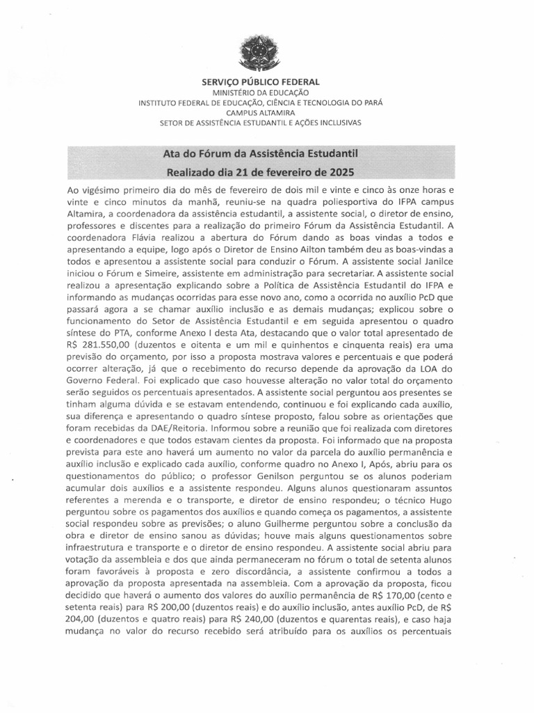 Ata Do I Forum de Assistencia Estudantil Fev 2025 Assinada | PDF