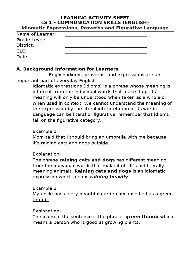 LS 1 - Idiomatic Expressions, Proverbs and Figurative Language | PDF ...